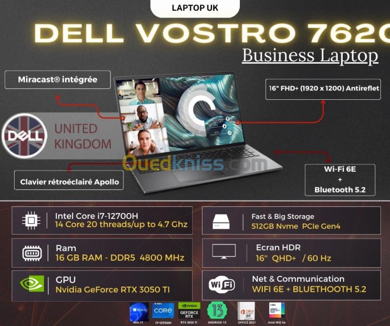 DELL Vostro 7620 | INTEL I7 12700H up to 4.7 Ghz 20 Cpus | 16 GB DDR5 | 512 TB NVMe | RTX 3050 ...