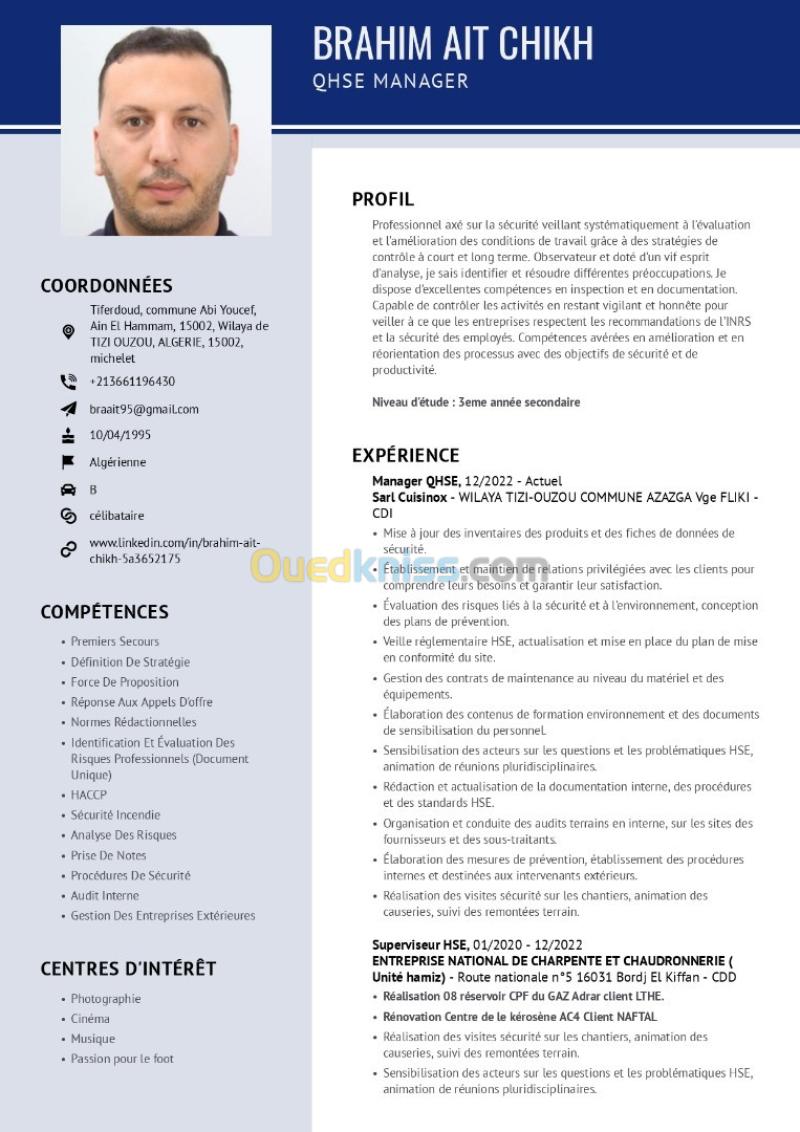 Superviseur HSE Tizi Ouzou Ain el hammam - Ouedkniss.com - Algérie